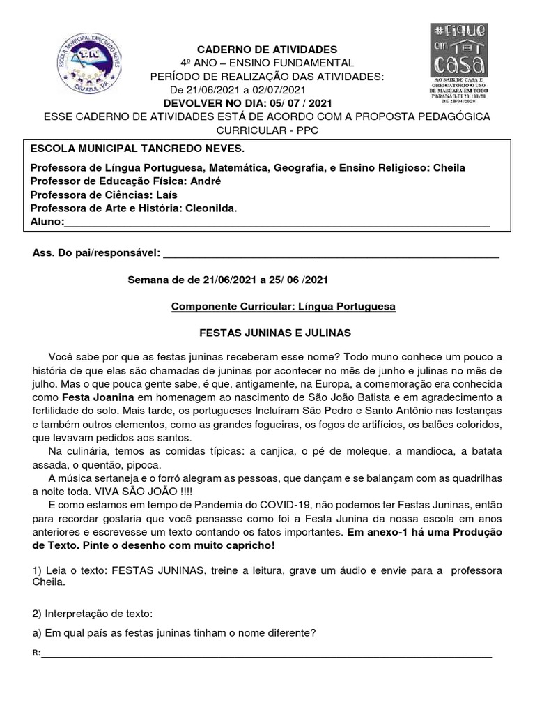 Atividades 4º Ano A - Período de Realização 21-06-2021 A 02-07-2021 ...