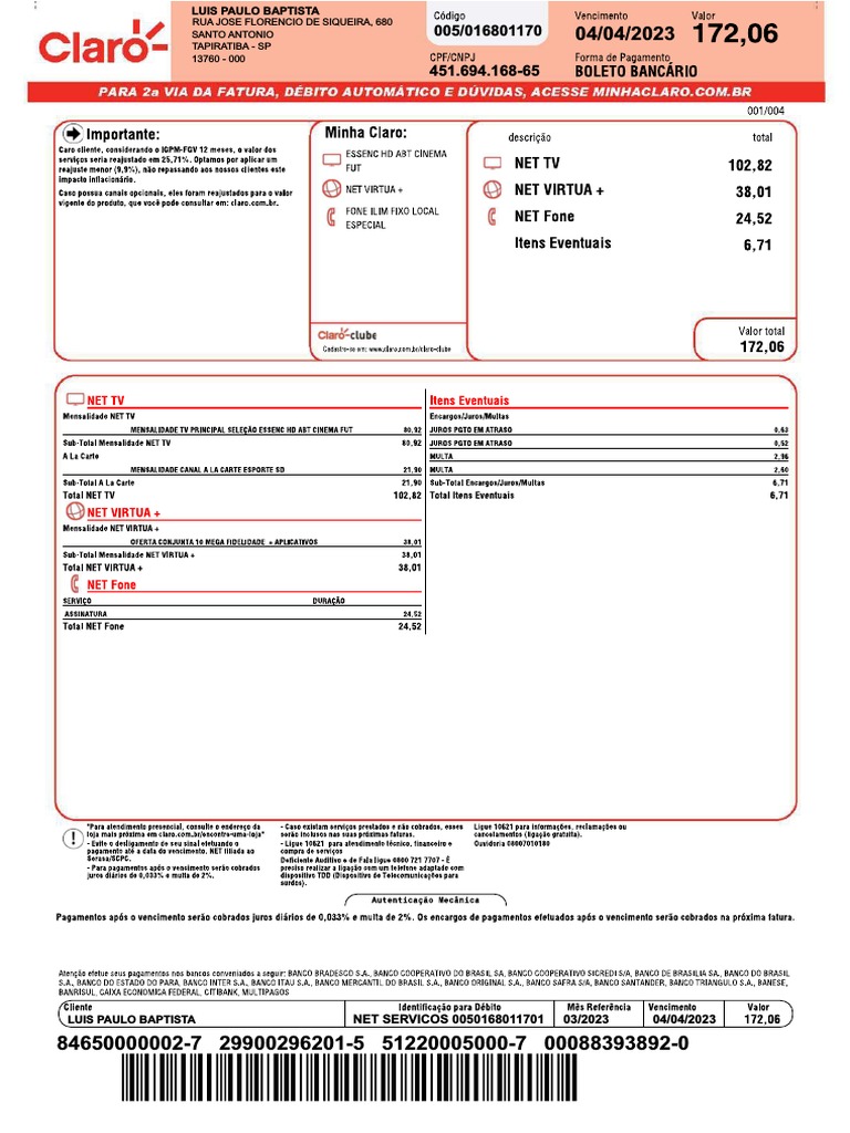 Fatura Claro Net | PDF