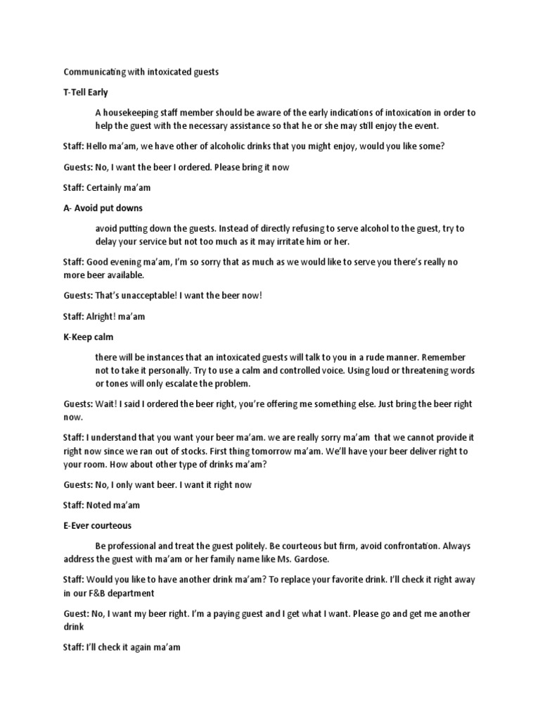 Communicating With Intoxicated Guest | PDF