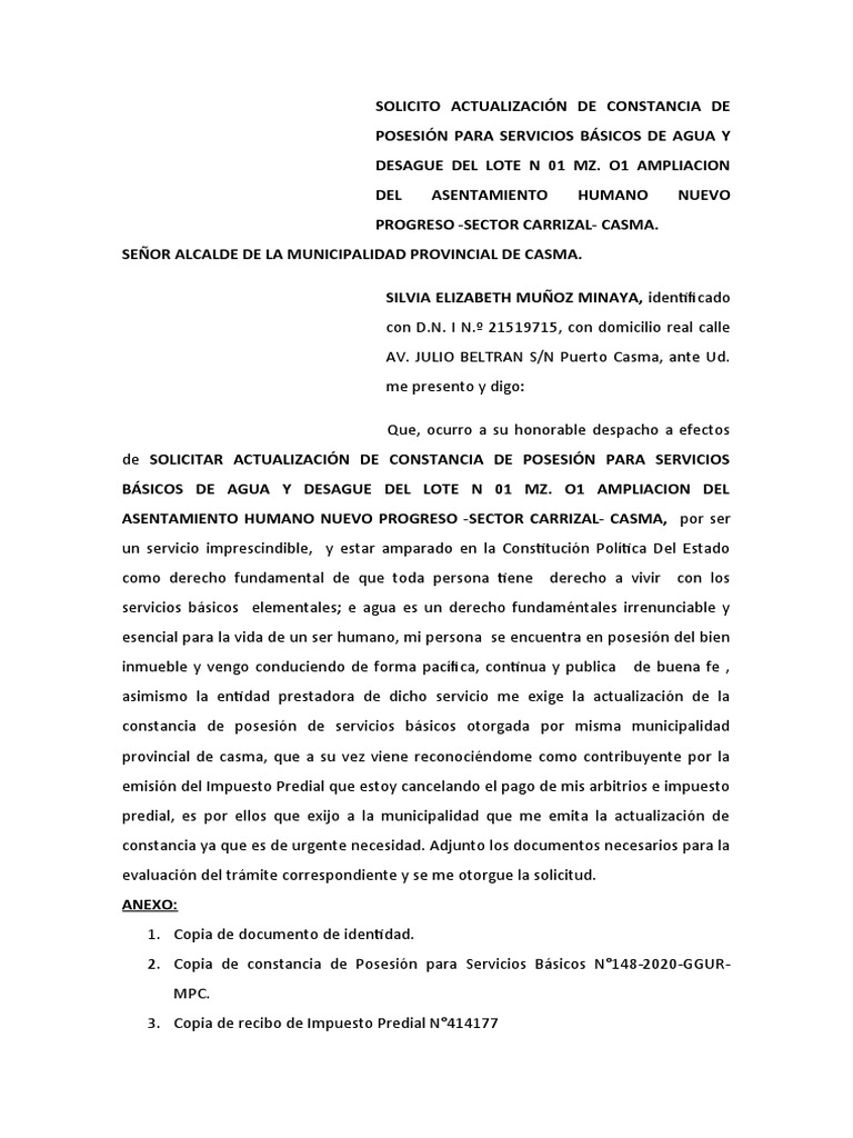Solicito Actualización de Constancia de Posesión para Servicios Básicos de Agua y Desague Del ...
