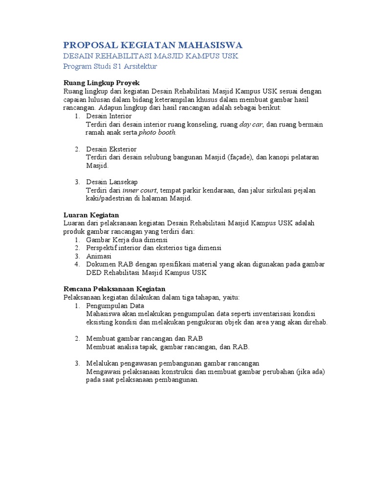 PROPOSAL KEGIATAN MAHASISWA-masjid Usk | PDF