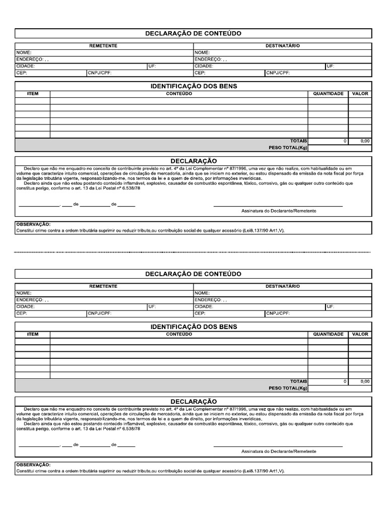 Declaracao de Conteudo Correio | PDF