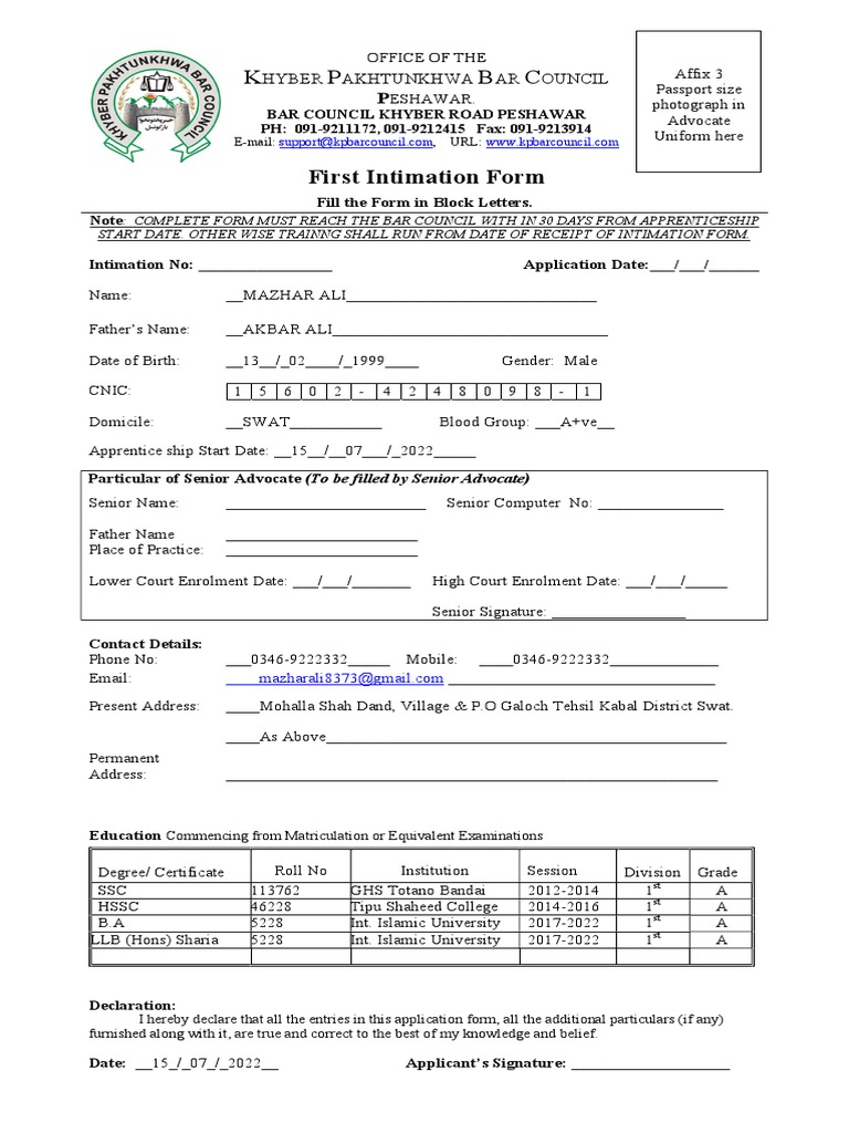 KP Bar Council Apprenticeship Intimation Form | PDF | Advocate | Justice