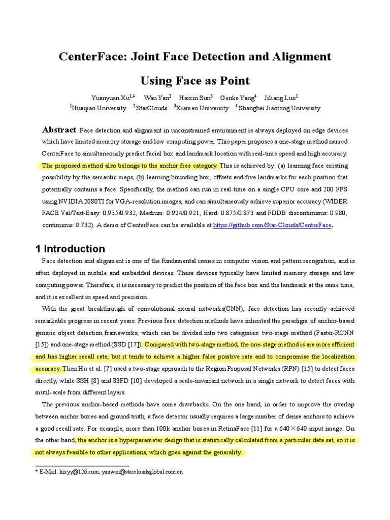 Centerface: Joint Face Detection and Alignment Using Face As Point | PDF