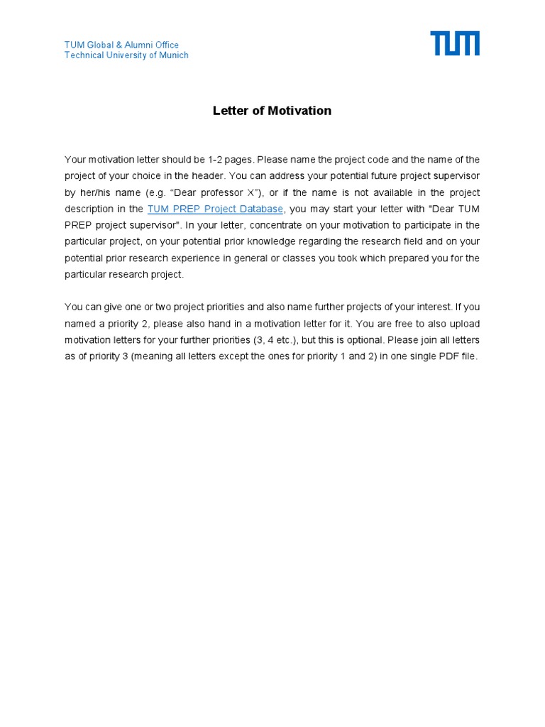 TUM PREP Information On Letter of Motivation | PDF