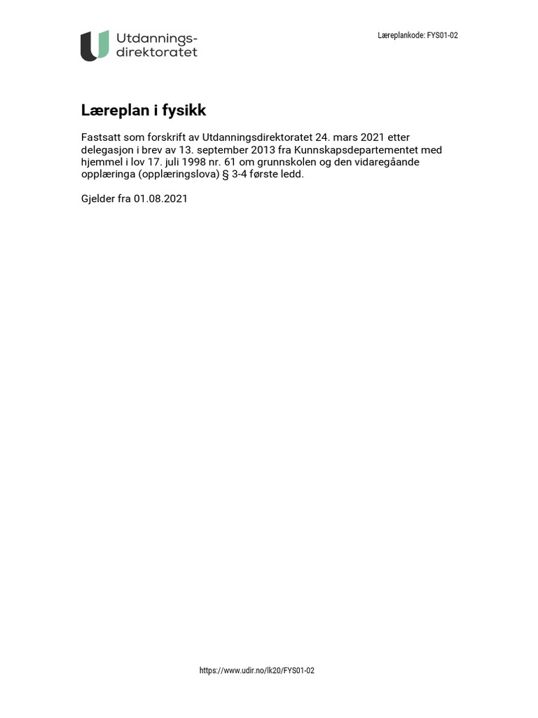 Fysikk Fagfornyelsen Læreplan | PDF