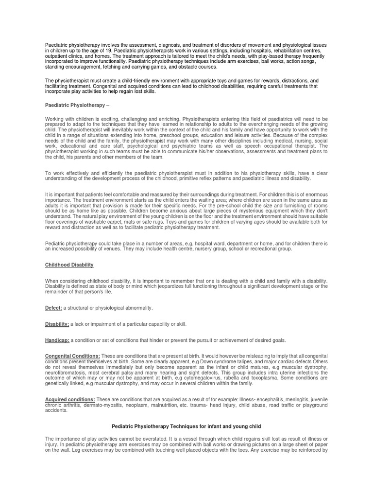 Pediatric Physiotherapy Techniques and Assessment | PDF | Physical ...