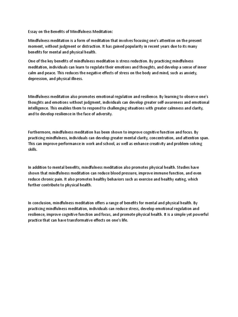 Essay On The Benefits of Mindfulness Meditation | PDF