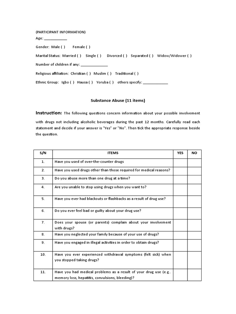 Questionnaire on substance abuse | PDF