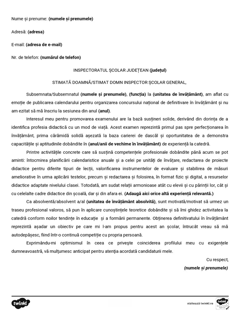 Ro1 T 1678382788 Scrisoare de Intentie Pentru Definitivat Model Ver 1 | PDF