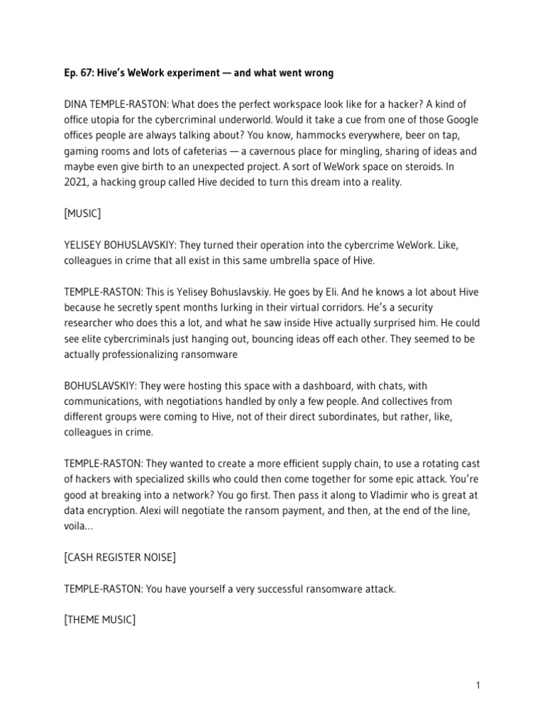 TRANSCRIPT 67. Hive's WeWork Problem | PDF