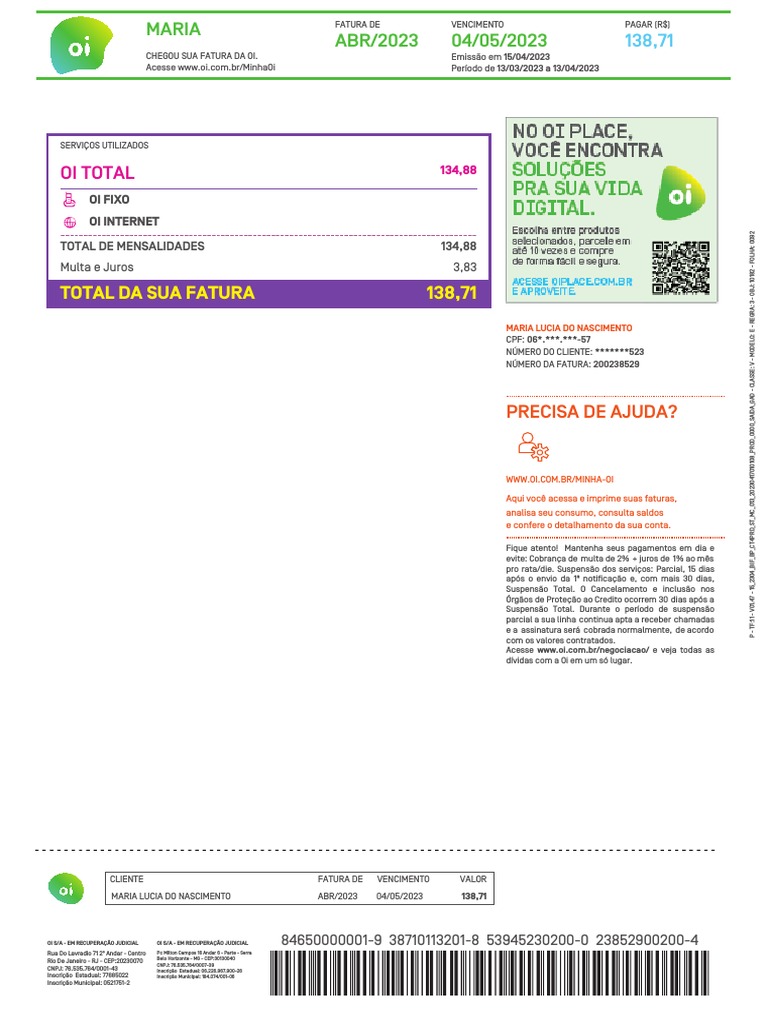 Conta Oi - Abril - 2023 | PDF