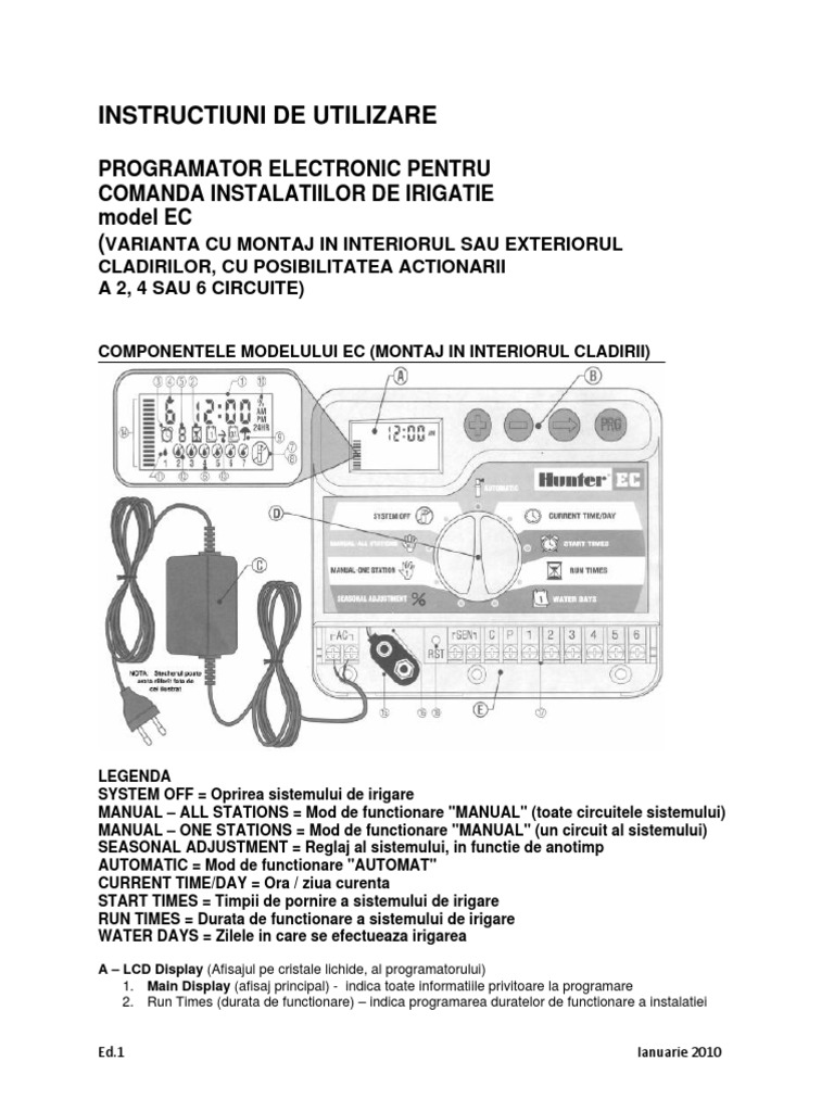 19 - A - 22instructiuni Irigatii Controllere Hunter EC | PDF
