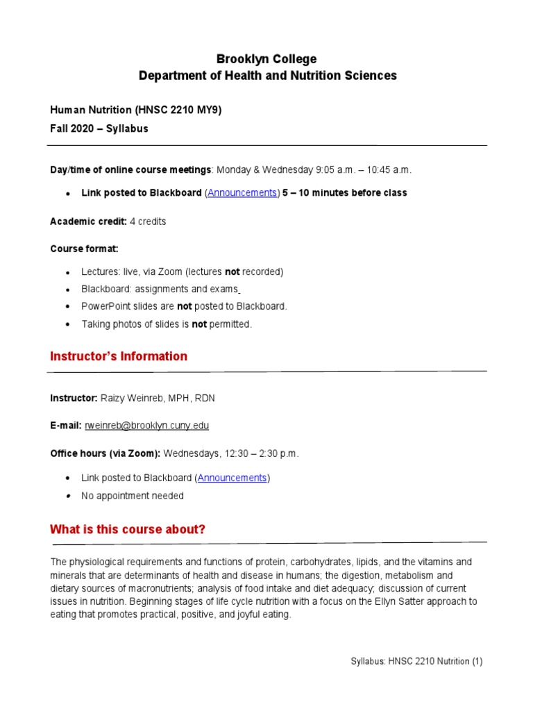 2210 - Syllabus Fall 2020 | PDF | Internet Forum | Nutrition