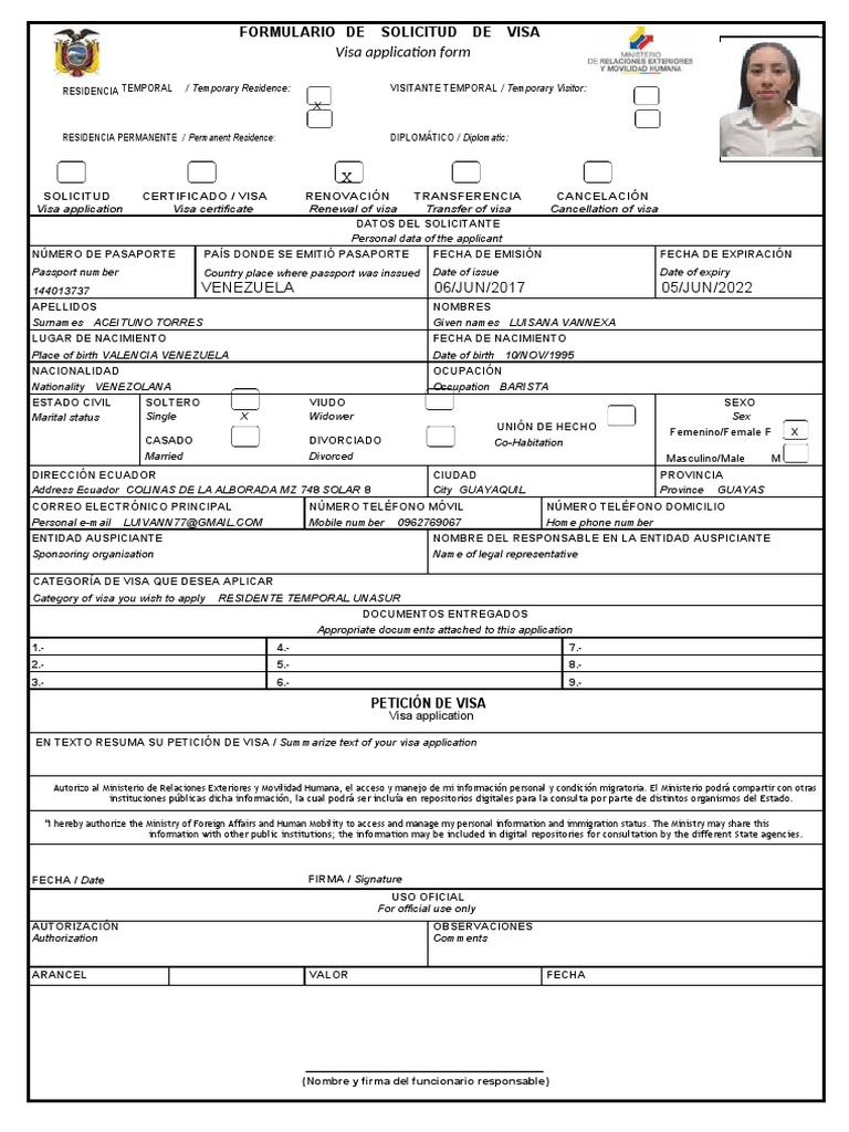 Visa Application for Temporary Residence in Ecuador | PDF | Visa de ...