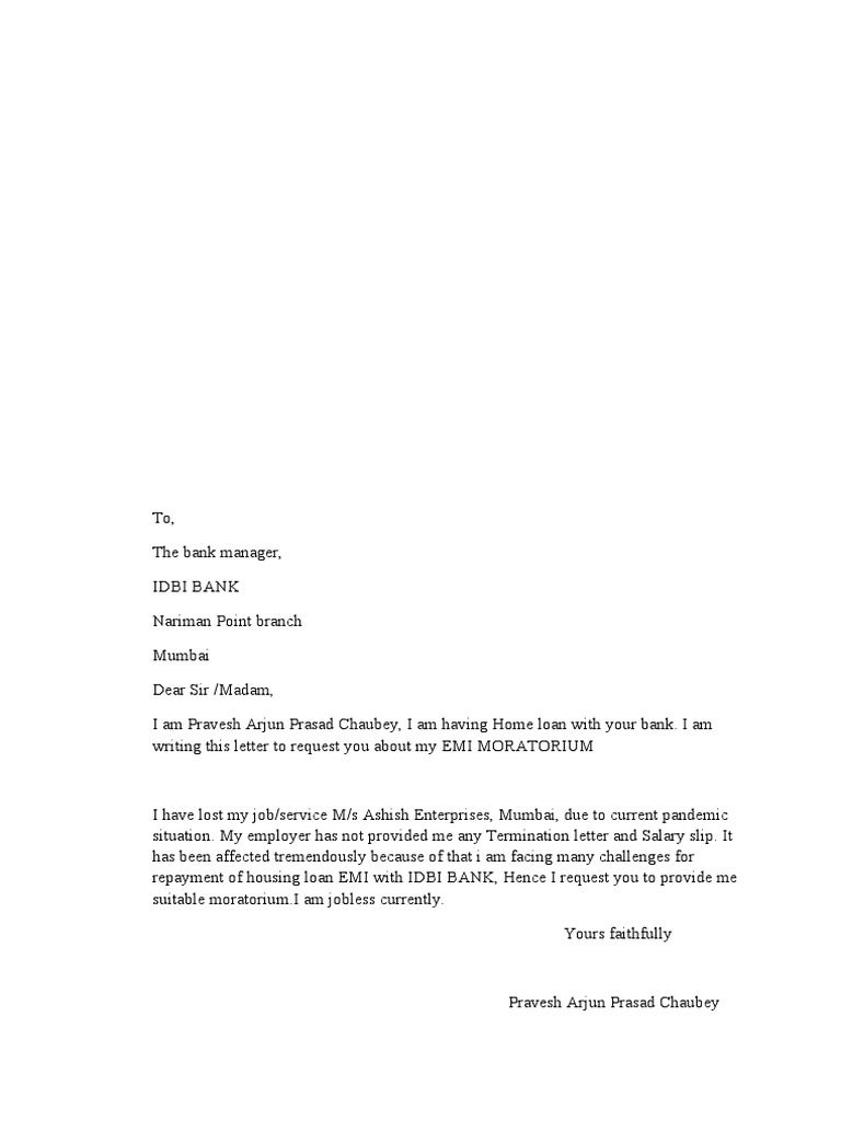 Emi Moratorium Letter to Bank | PDF