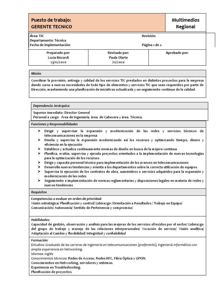 Perfil de Puesto - GERENTE TECNICO | PDF | Planificación | Tecnología ...