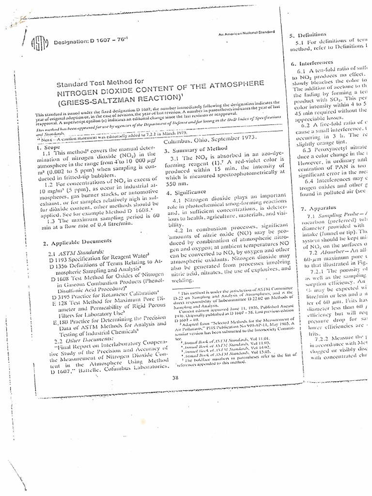 ASTM D 1607-76 Nitrogen Dioxide Content of The Atmosphere (Griess ...
