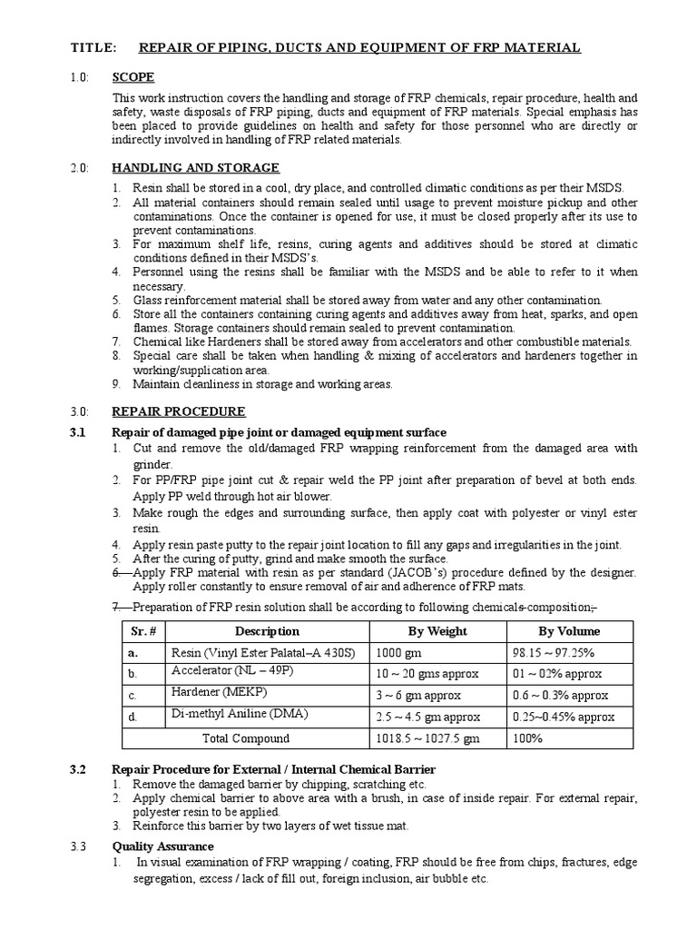WI-FRP Repair Piping, Ducts and Eqpt - Rev. 00 | PDF | Fibre Reinforced ...