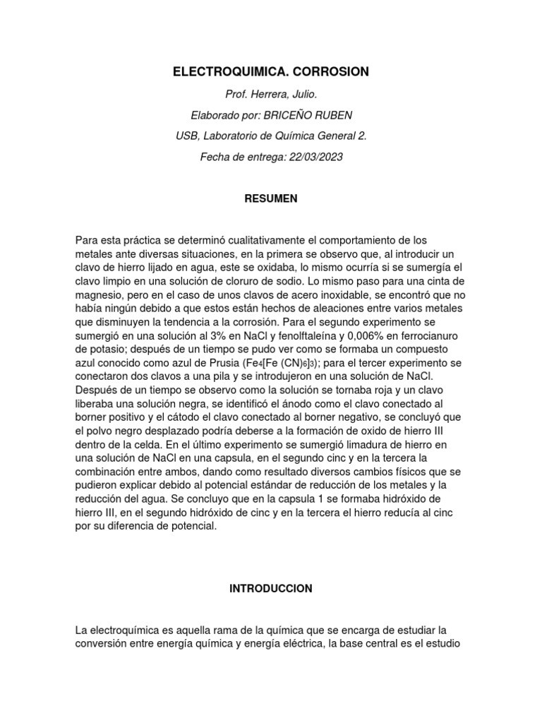 Electroquimica. Corrosion, Practica | PDF | Corrosión | Redox