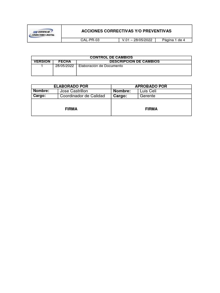 CAL-PR-03 Acciones Correctivas y Preventivas | PDF | Auditoría