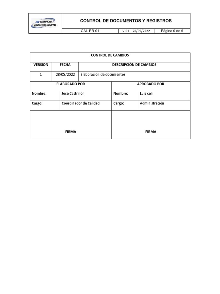 CAL-PR-01 Control de Documentos y Registros v1 | PDF | Sistema de ...