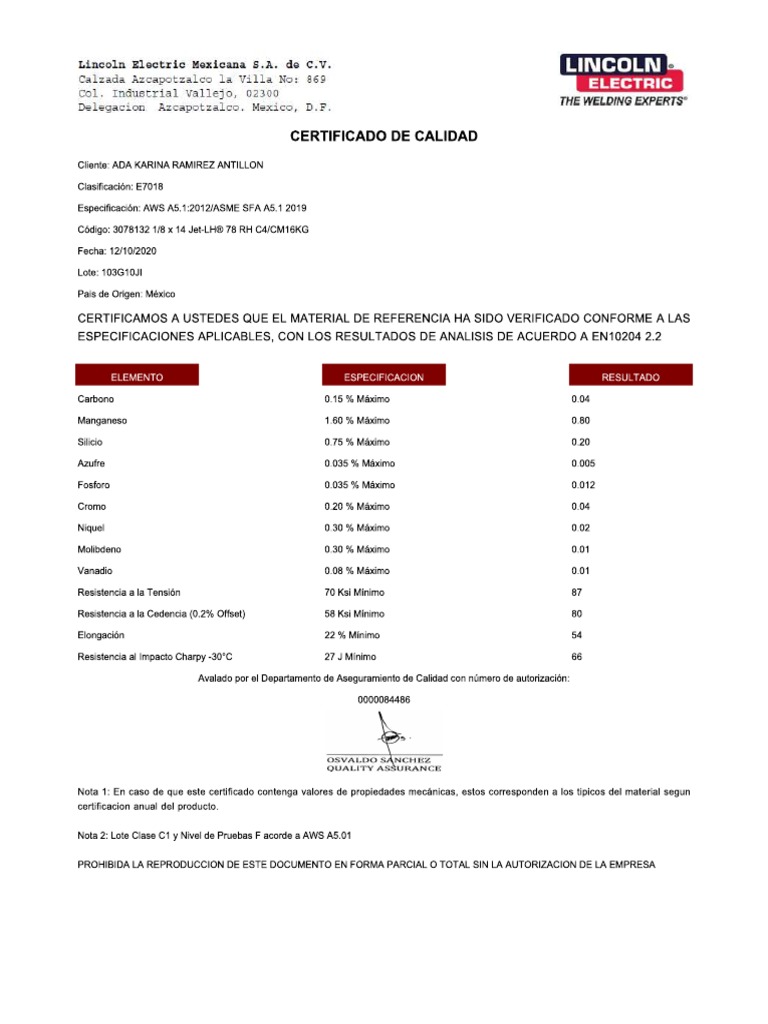 Certificado 7018 Lincoln | PDF