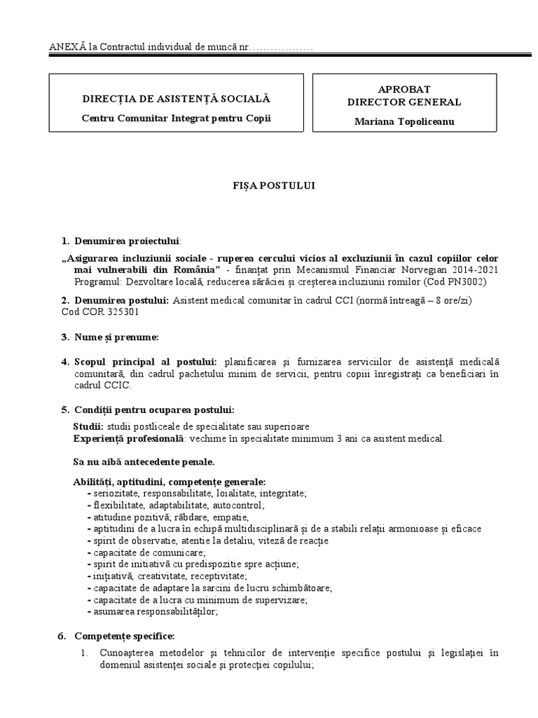 Fisa de Post Asistent Medical Comunitar | PDF