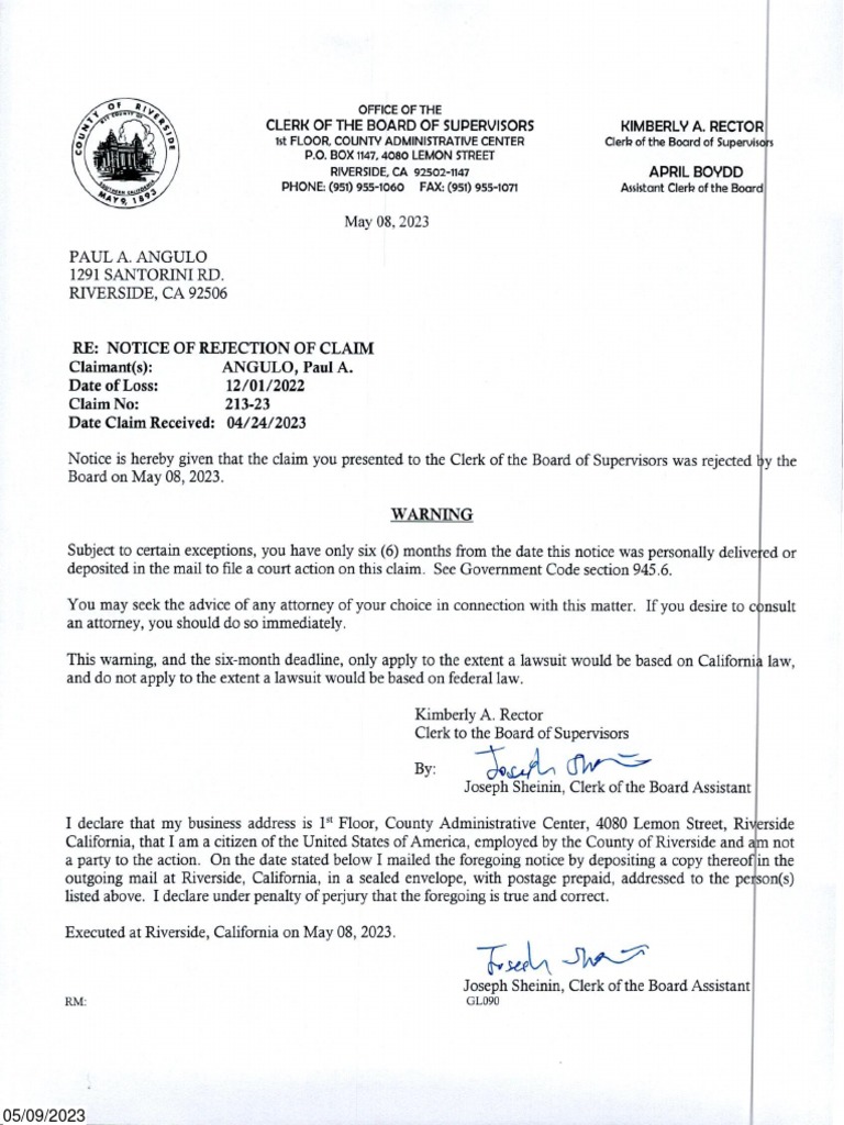 Riverside County Letter Rejecting Former Auditor-Controller Paul Angulo ...