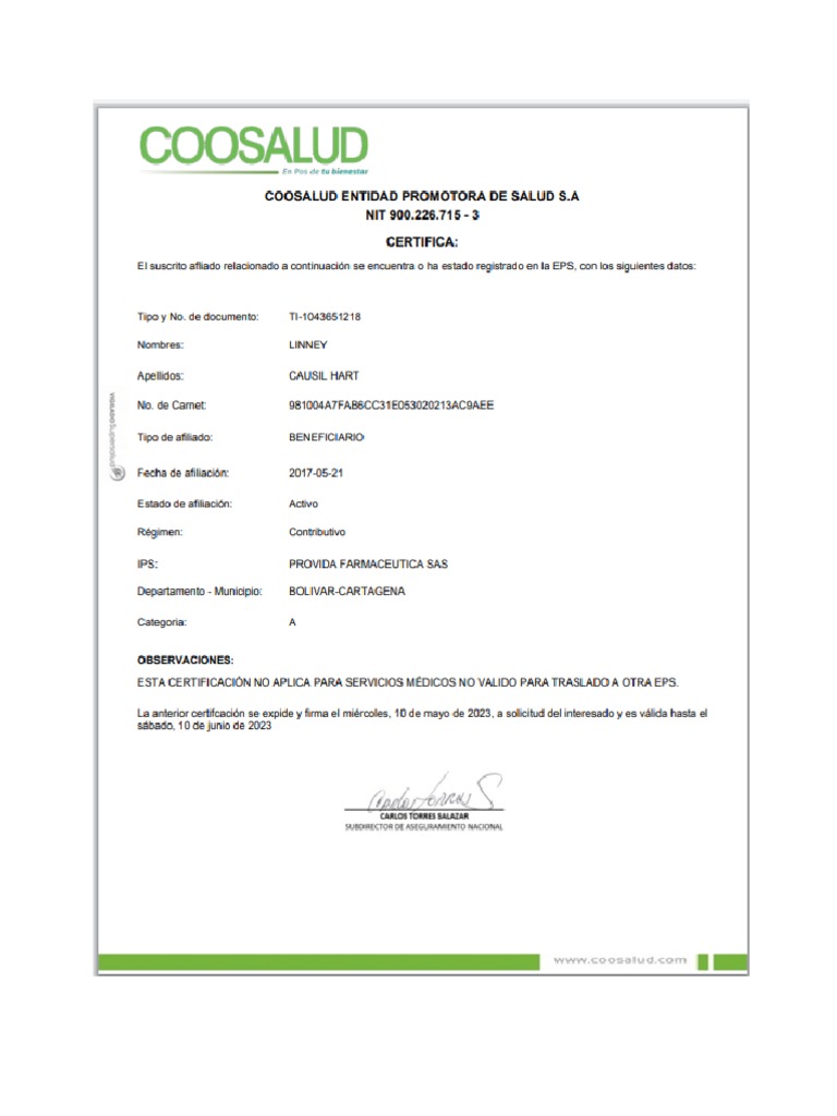 Certificado Coosalud | PDF