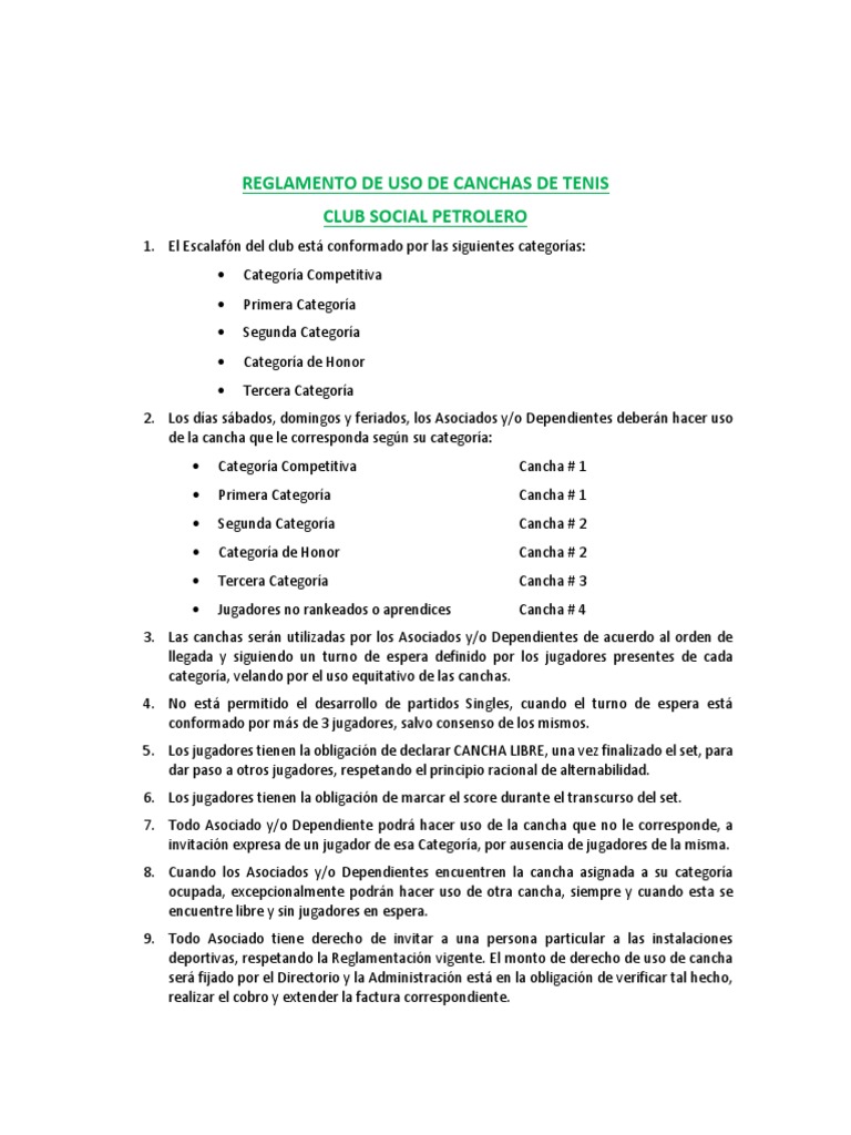 Reglameto de Uso de Canchas de Tenis | PDF Reglameto de Uso de Canchas de Tenis | PDF