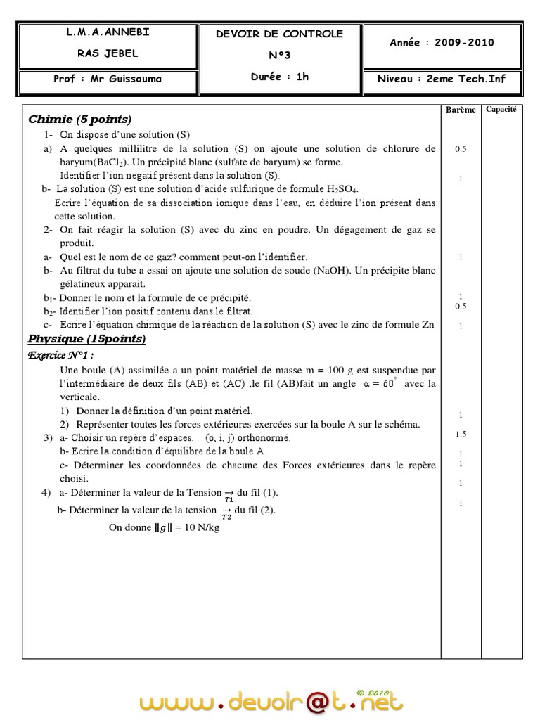 Devoir de Contrôle N°3 - Physique - 2ème Informatique (2008-2009) MR ...