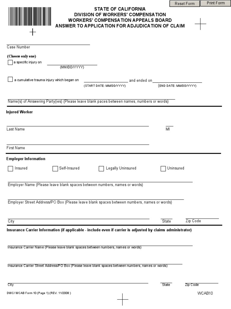 Answer to Workers' Comp Claim Application | PDF