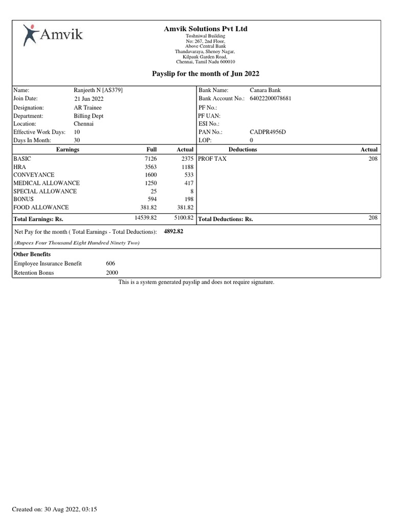 Payslip Jun 2022 | PDF | Public Finance | Personal Finance