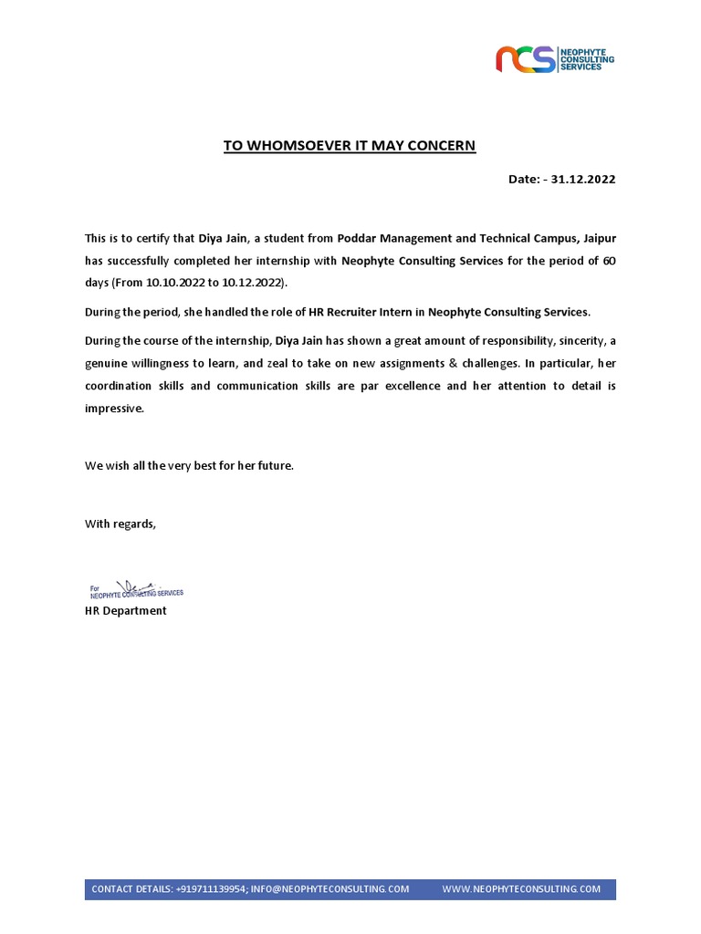 Diya Jain Internship Certificate | PDF | Career & Growth