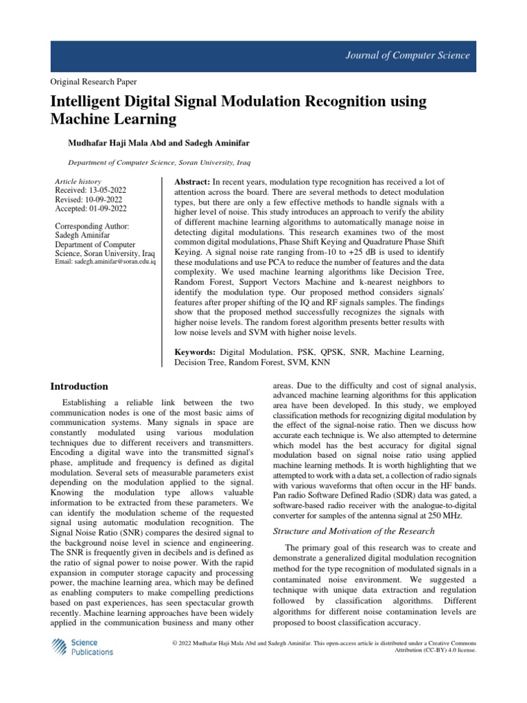 Intelligent Digital Signal Modulation Recognitionusing Machine Learning Pdf