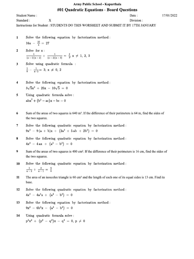 Maths Quadratic Worksheet | PDF
