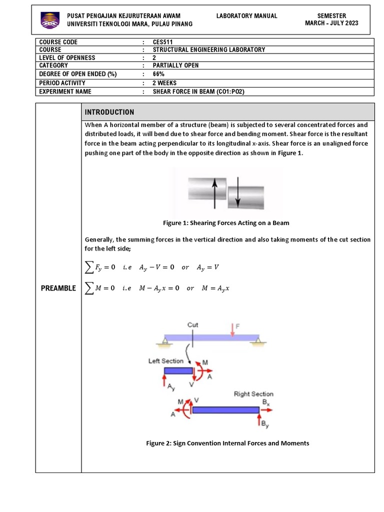 L010 - Shear Force - Lab Sheet - MAR23 | PDF