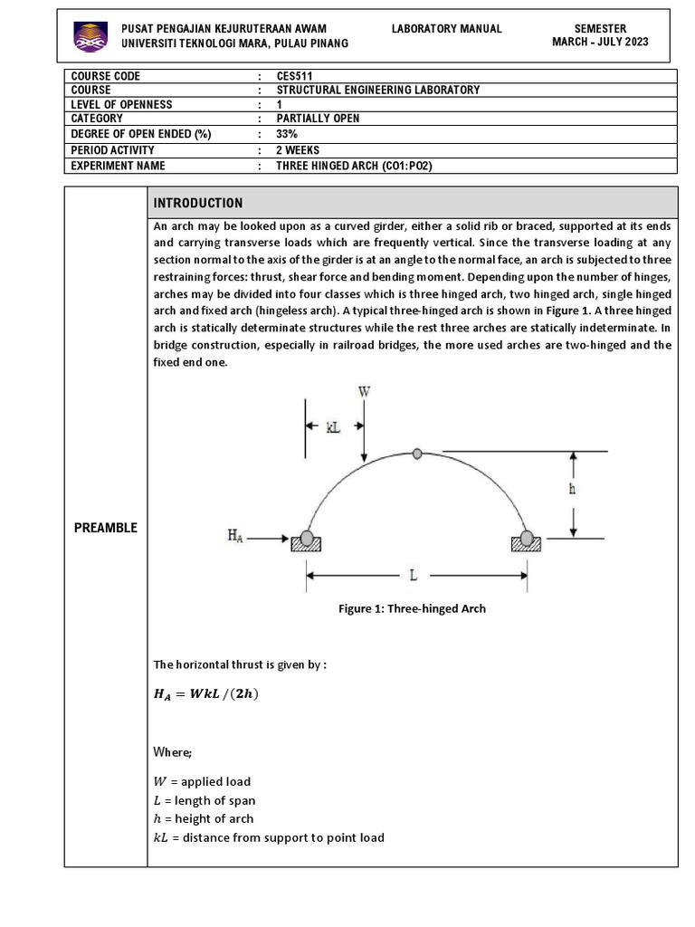 L03 Three Hinged Arch Lab Sheet Mar23 Pdf Civil Engineering