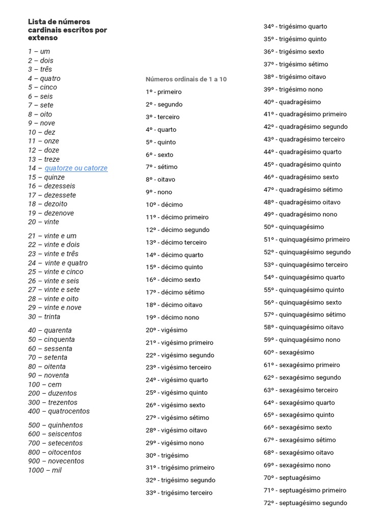 Lista de Números Cardinais Escritos Por Extenso | PDF