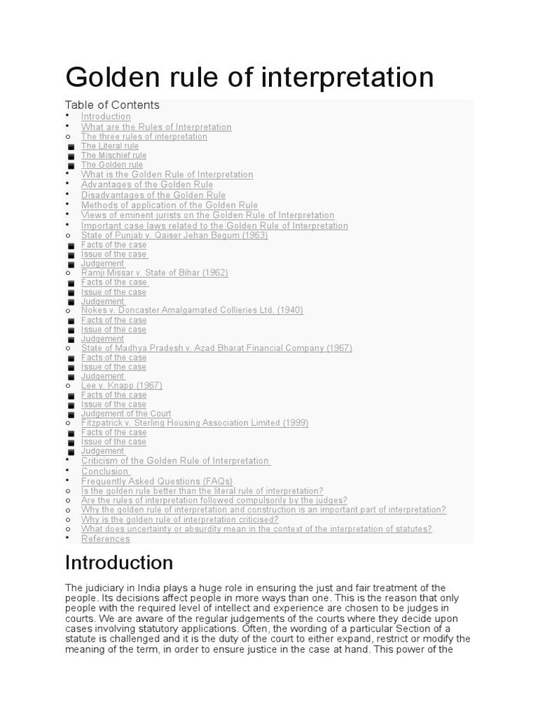 Golden Rule of Interpretation | PDF | Statutory Interpretation | Plain ...