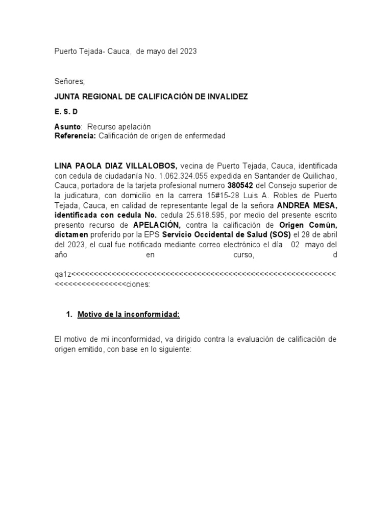 Recurso de apelación contra calificación de origen común de enfermedad ...
