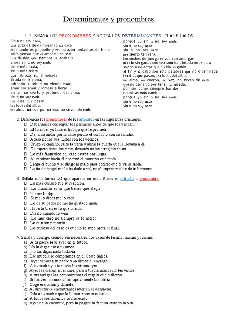 Ejercicios de Determinantes y Pronombres (Alumnos) 21 | PDF ...