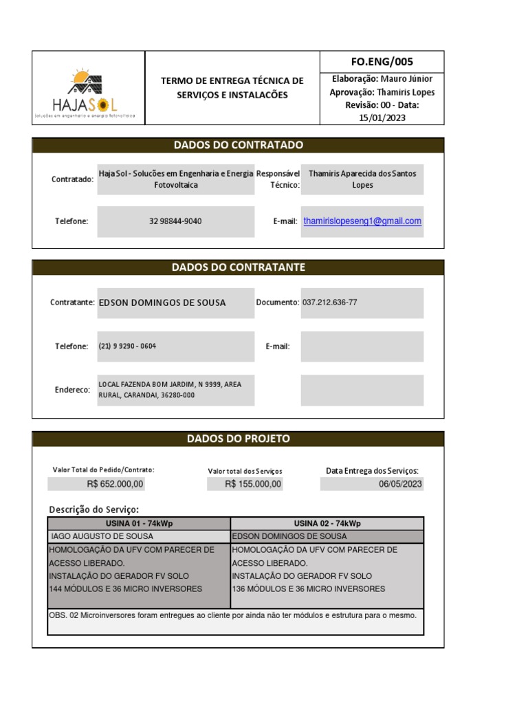 Fo - Eng.001 - Termo de Entrega Técnica | PDF
