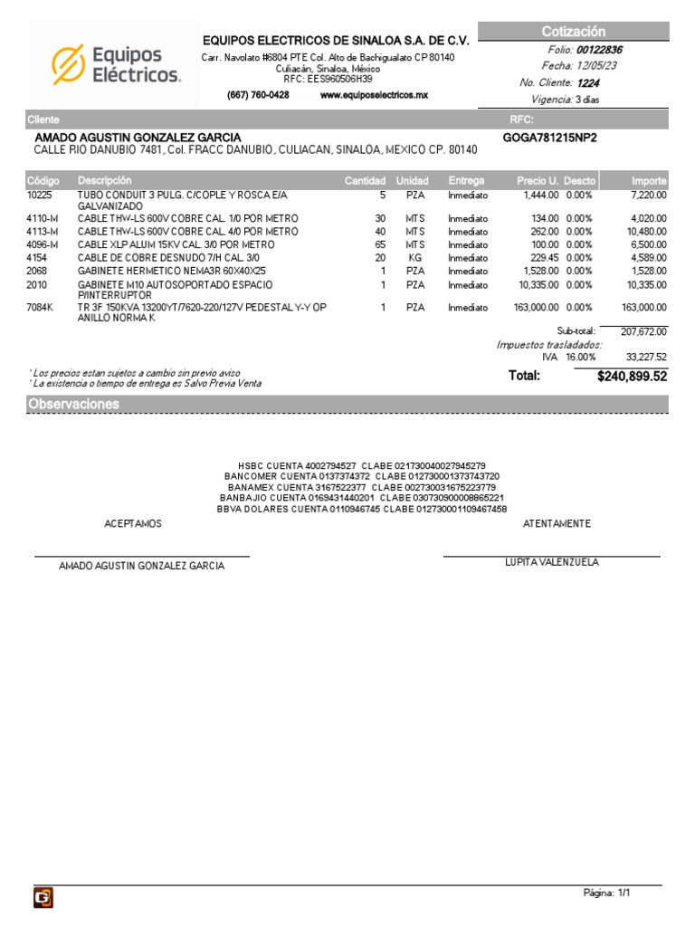 Cotización de Equipos Eléctricos | PDF | Bancario | Servicios financieros