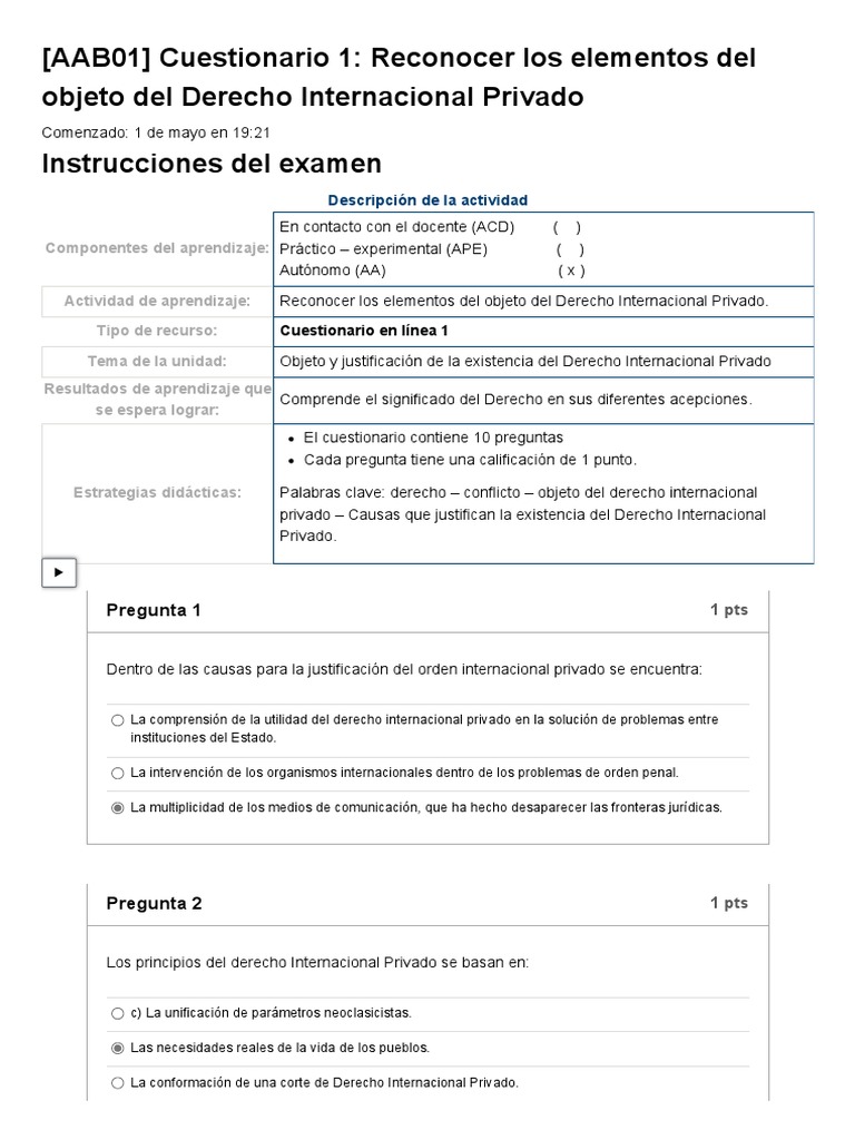 Examen - (AAB01) Cuestionario 1 - Reconocer Los Elementos Del Objeto Del Derecho Internacional ...