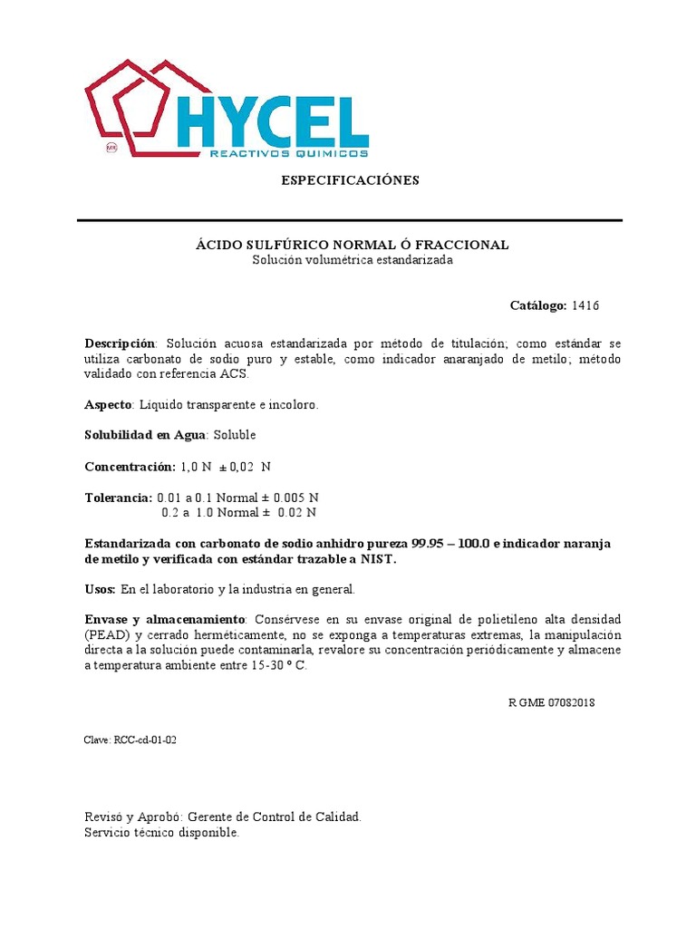 Especificaciones-Ácido Sulfúrico Normal o Fraccional Solución ...