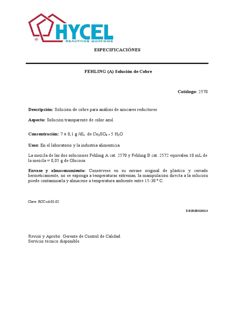 Especificaciones-Fehling A Solución de cobre-E2570-Hycel | PDF