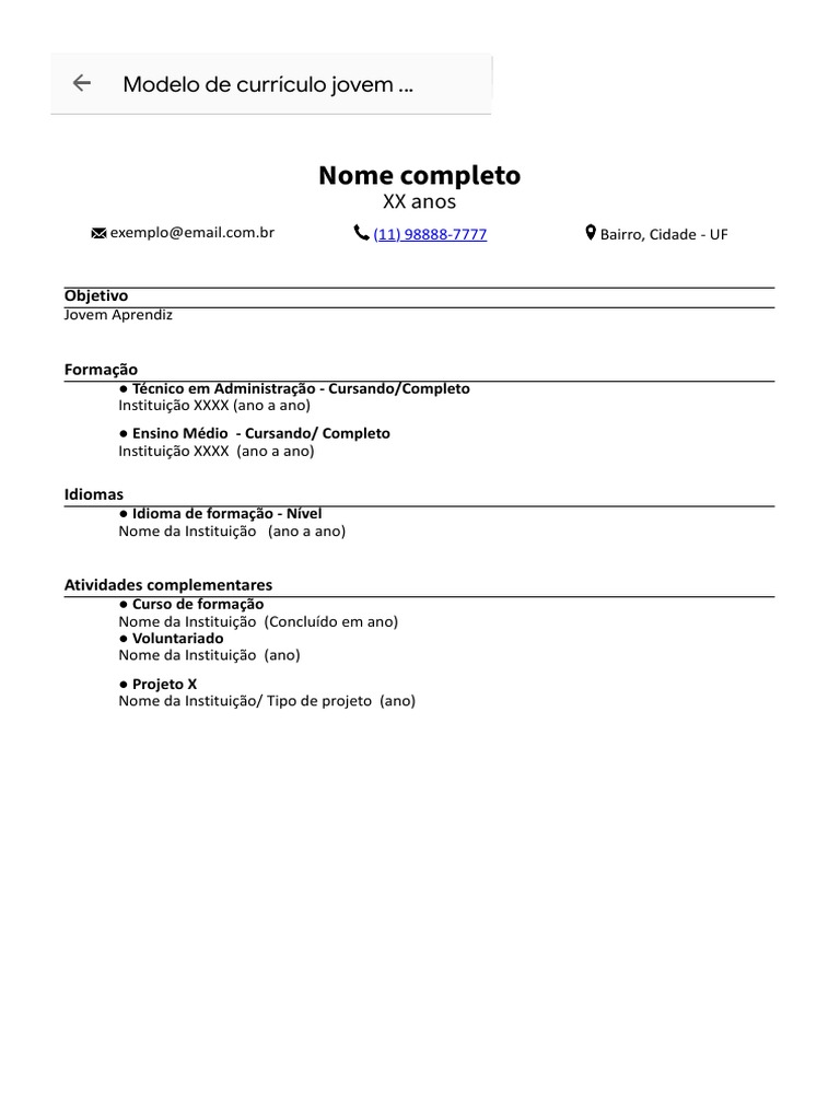 Modelo de Currículo Jovem Aprendiz - Infojobs | PDF