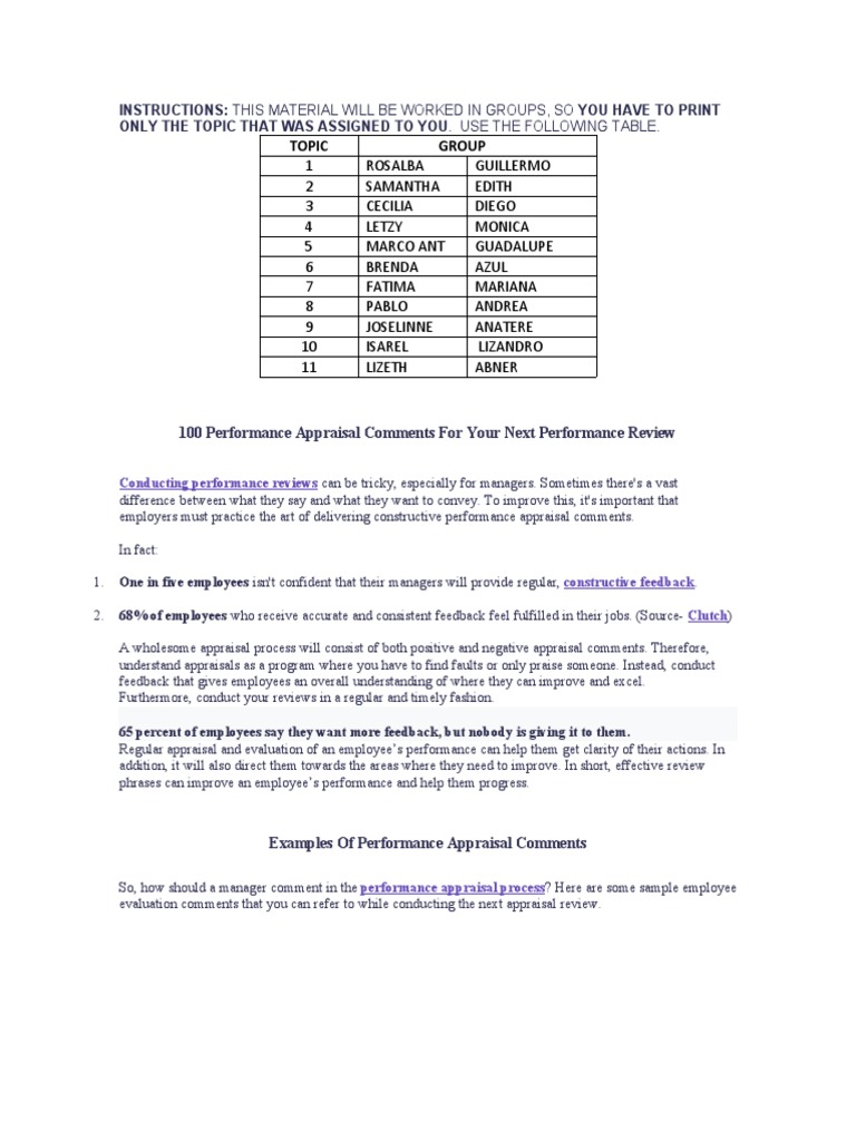 100 Performance Appraisal Comments For Your Next Performance Review ...
